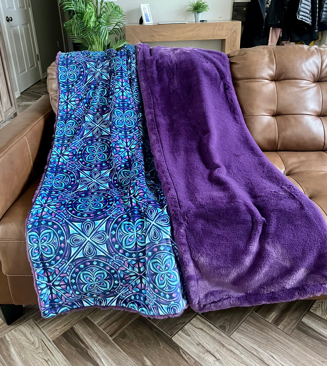 60”x60” Viola Mosaic & Loganberry Encore – Sewing With Love- Minky Designs